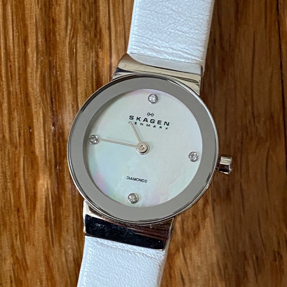 Skagen | Accessories | Skagen Watch With Diamonds Mother Of Pearl Face White Strap | Poshmark